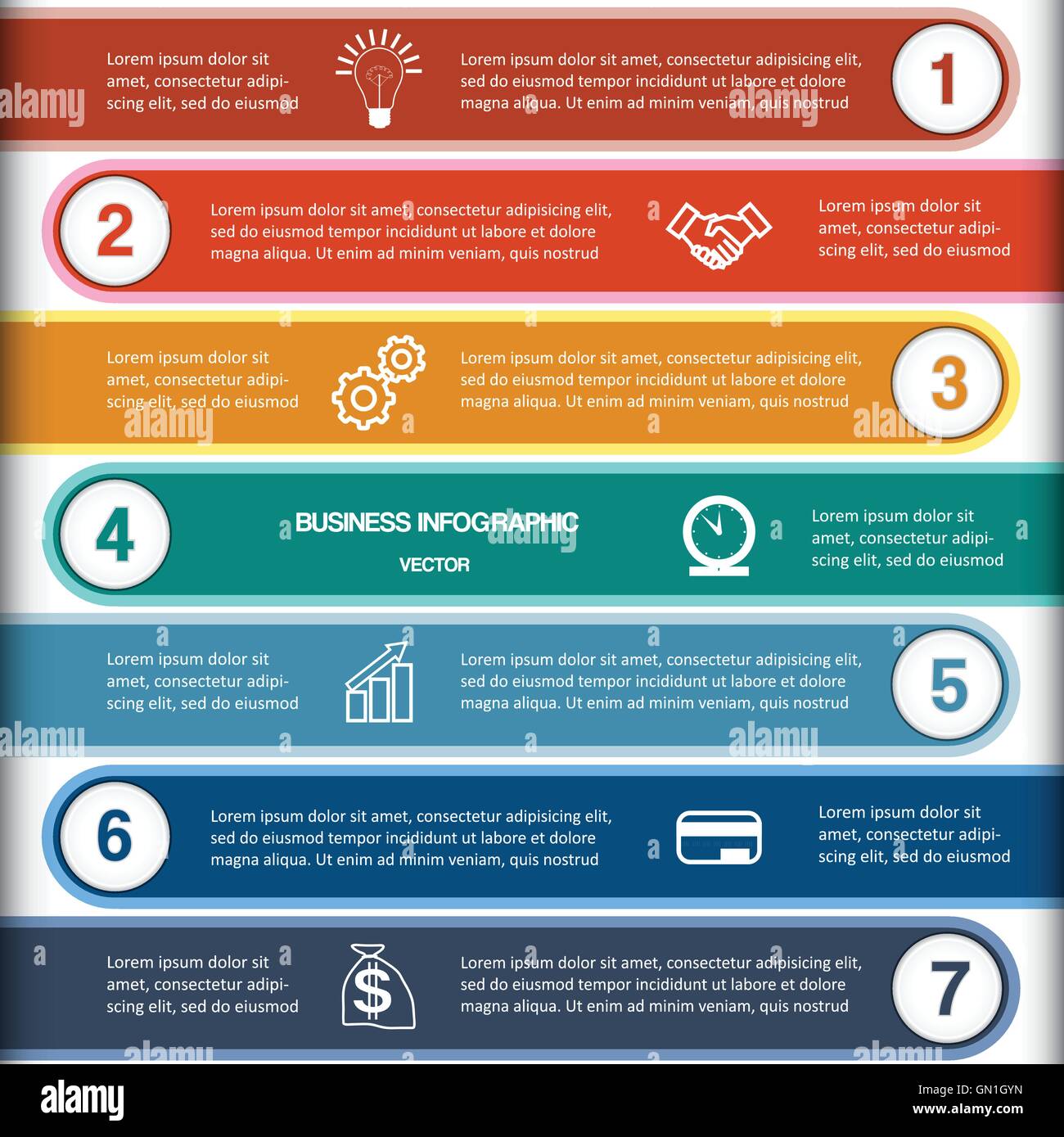 Vector illustration infographic, numbered multi-coloured strips ...