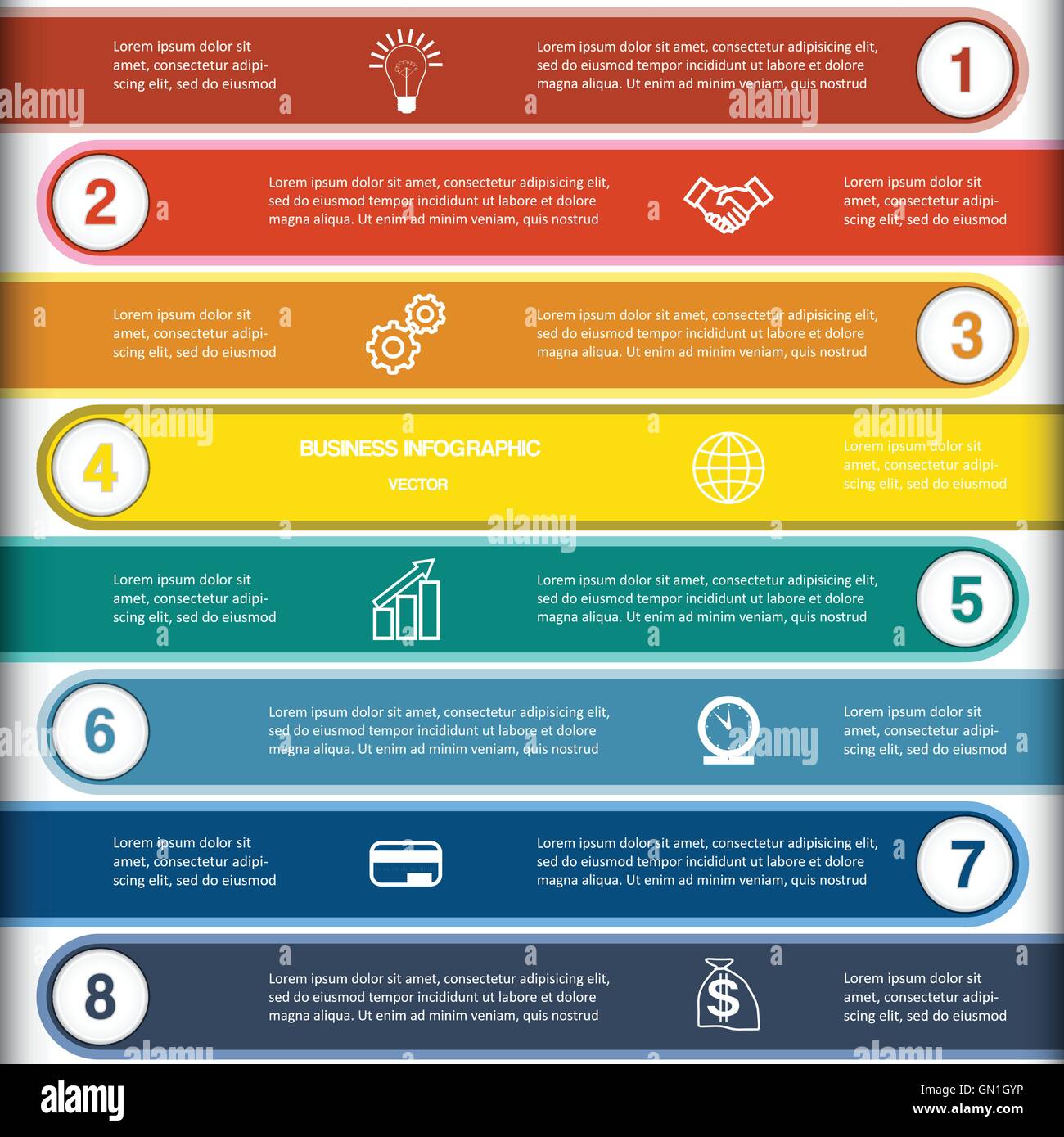 Vector illustration infographic, numbered multi-coloured strips ...