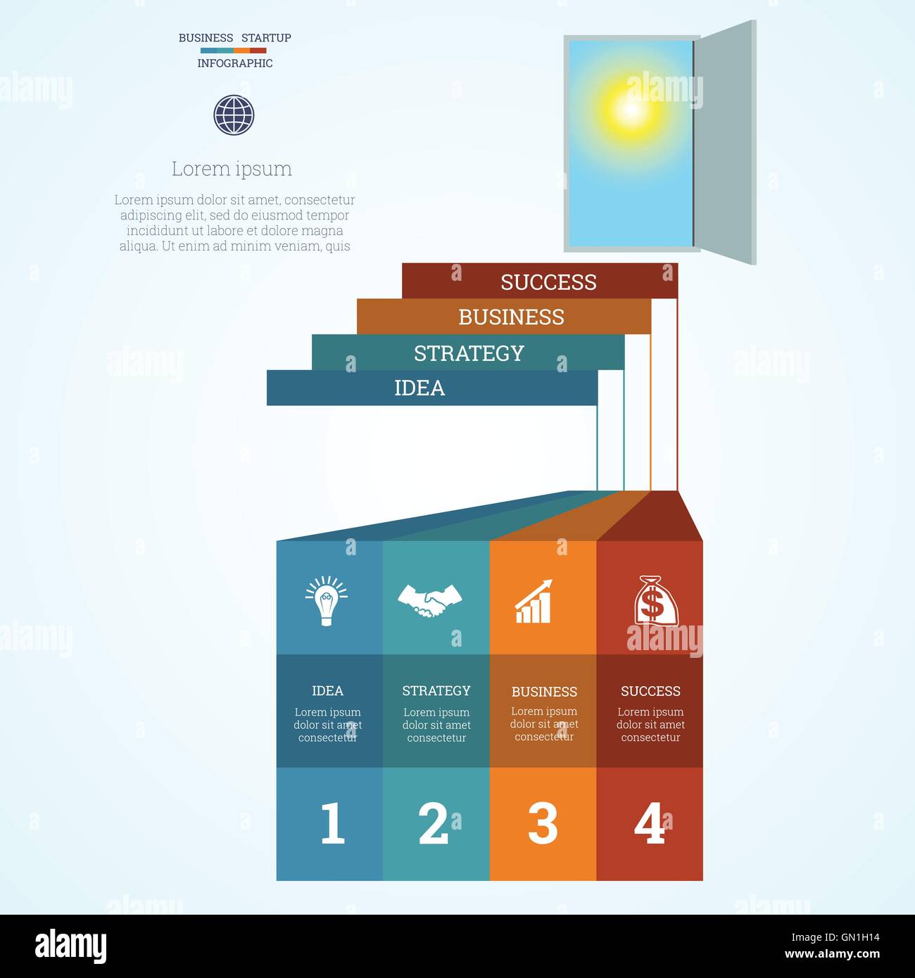 Vector illustration Infographic template steps up ladders and doorway ...