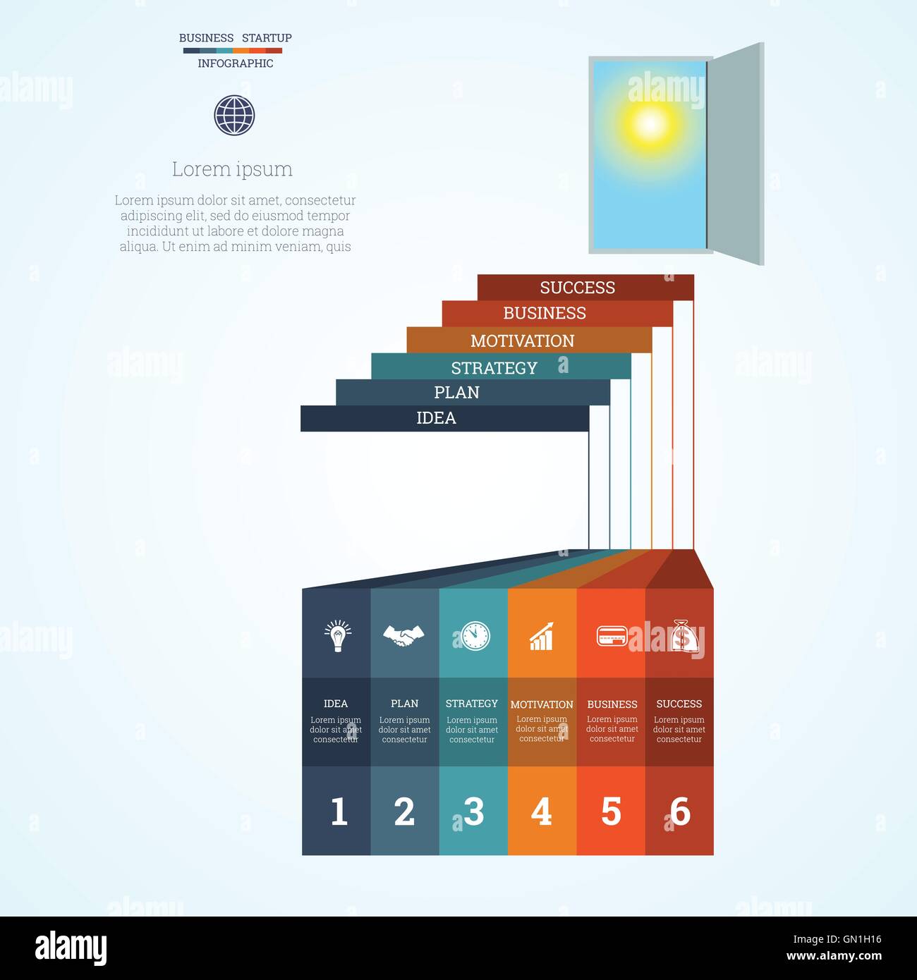 Vector illustration Infographic template steps up ladders and doorway ...