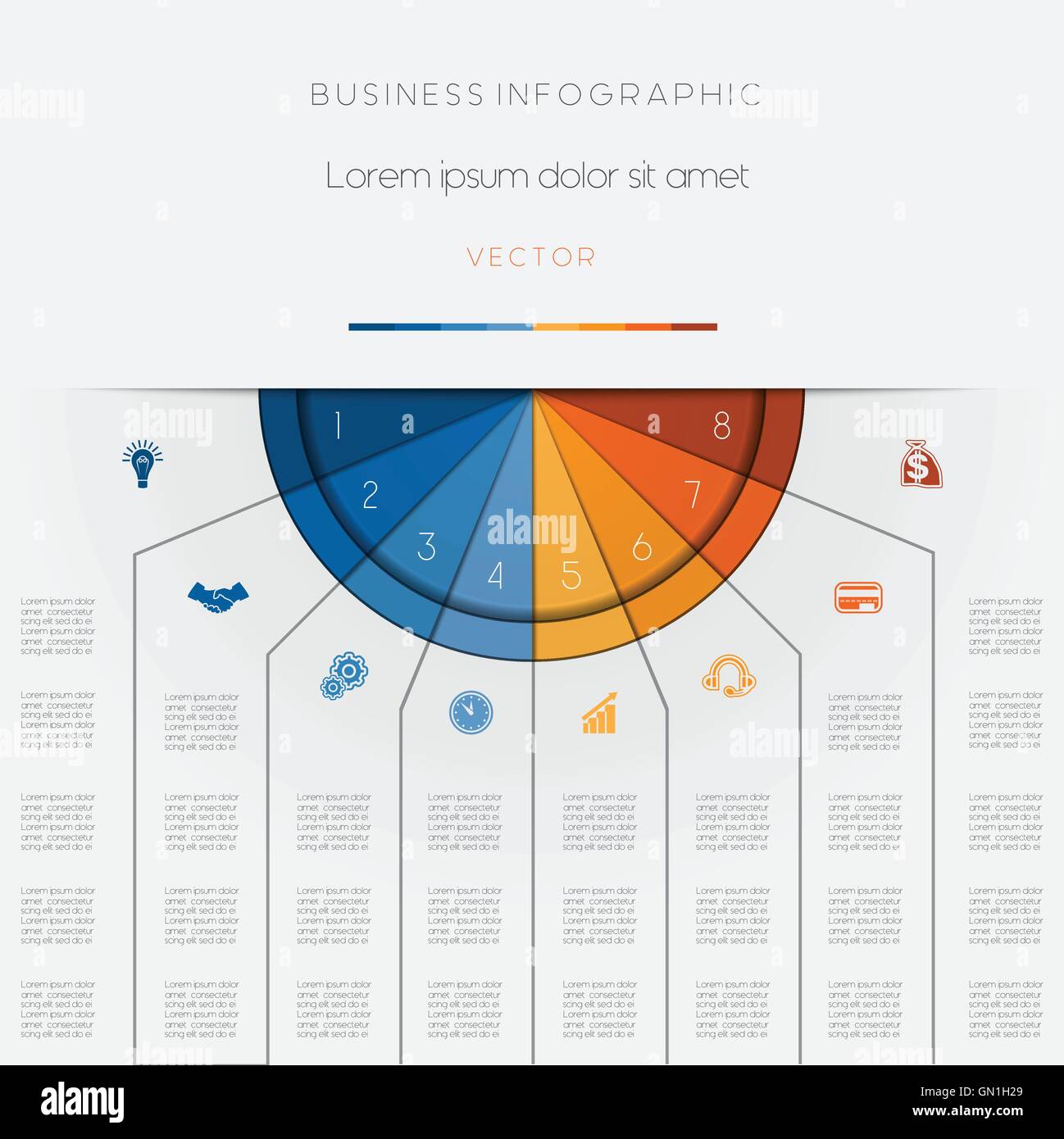 Infographic color semicircle for template with text areas on eight ...
