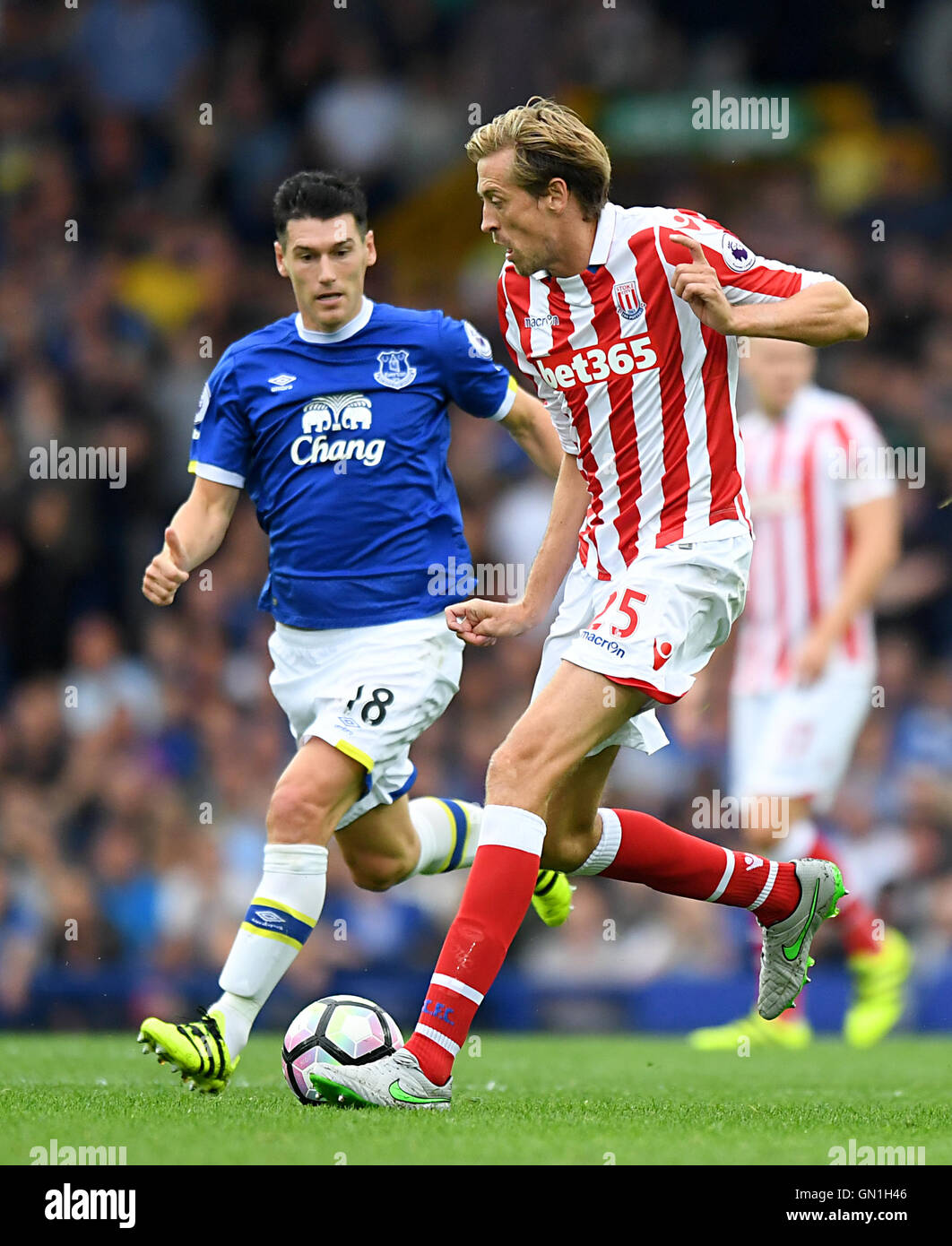 Everton's Gareth Barry (left) and Stoke City's Peter Crouch battle for ...