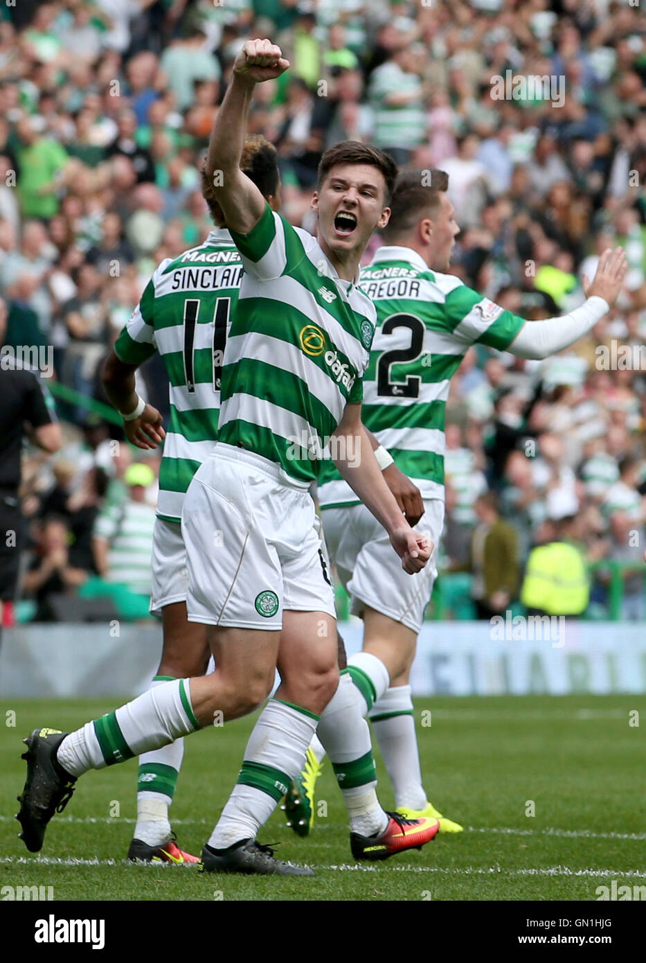 Celtic's Kieran Tierney celebrates team-mate Scott Sinclair scoring his ...