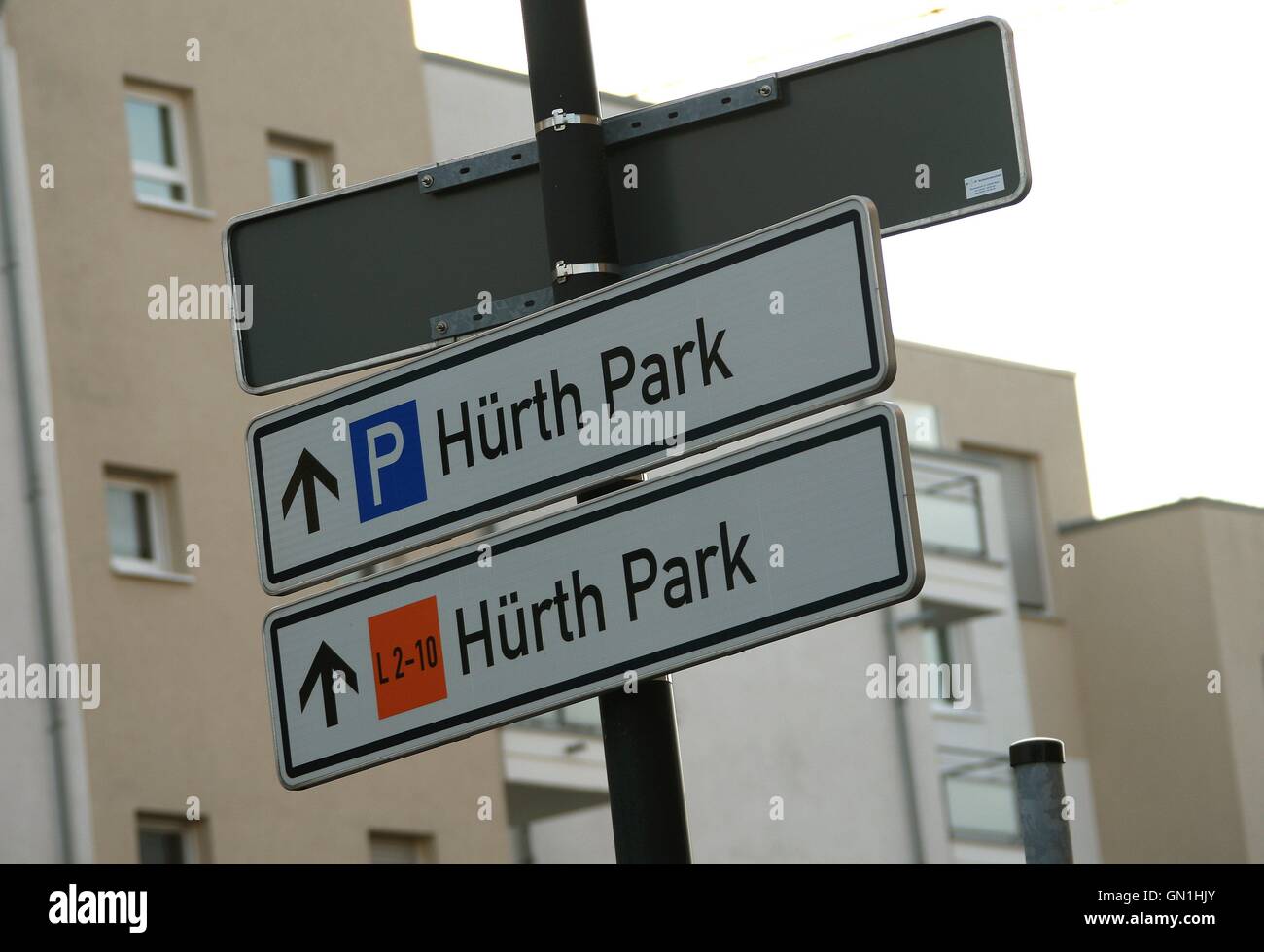Traffic signs at Hurth Park shopping precinct in the district of Hurth ...
