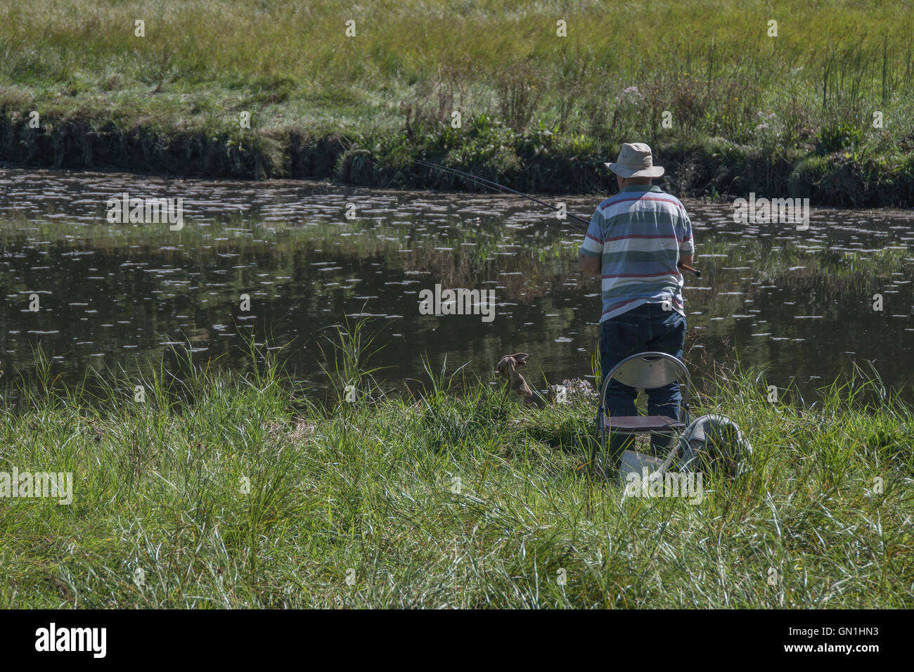 Fisherman / angler standing beside river in the Autumn sunshine Stock ...