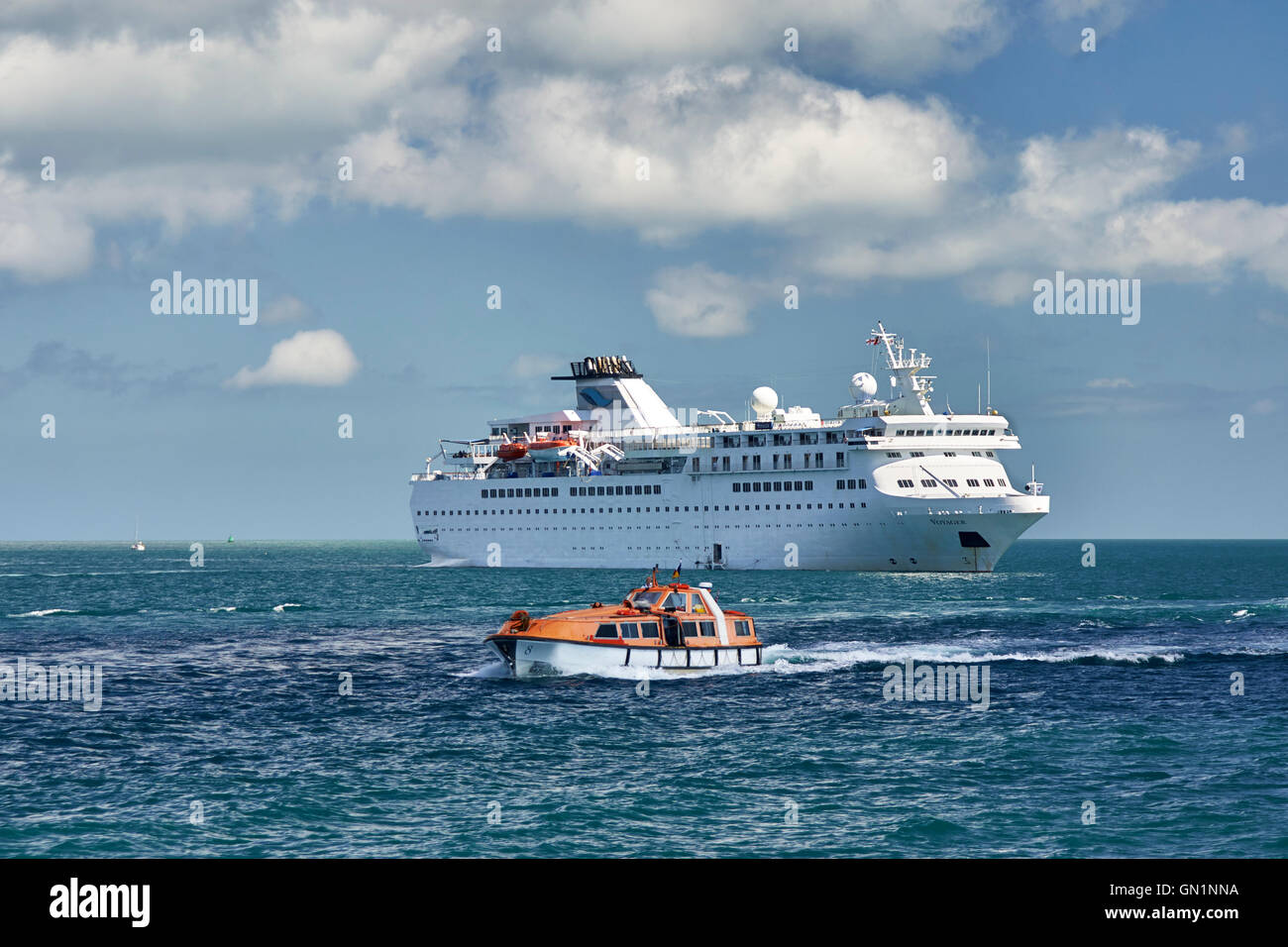 Cruise liners at anchor off St Peter Port Harbour, MV Ventura Stock ...