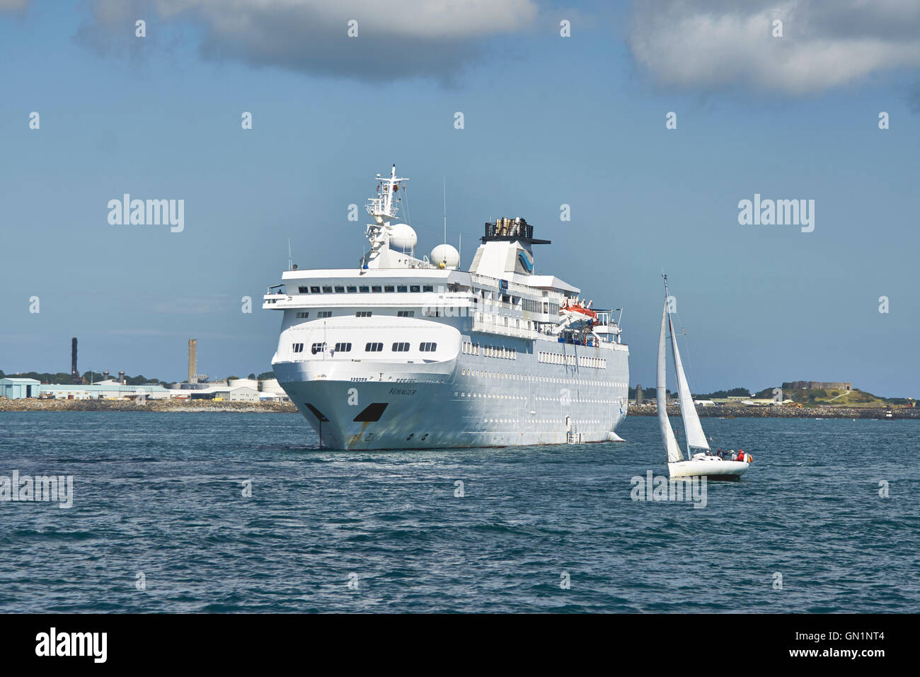 Cruise liner at anchor off St Peter Port Harbour, MV Ventura Stock ...