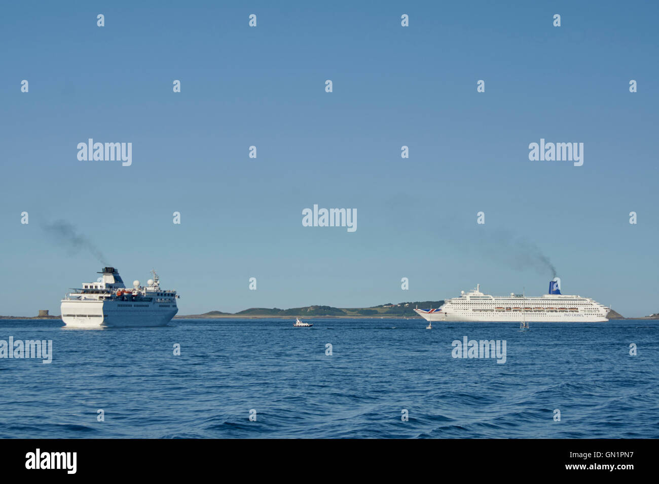 Cruise liners at anchor off St Peter Port Harbour, MV Ventura and P&O ...