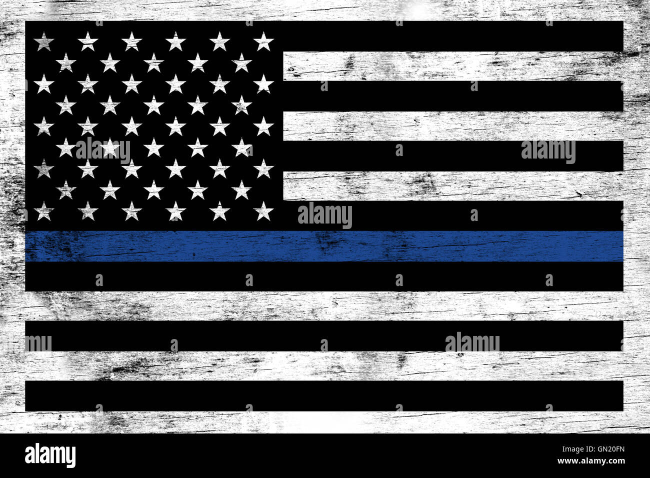 A police and law enforcement support flag stained over a weathered ...