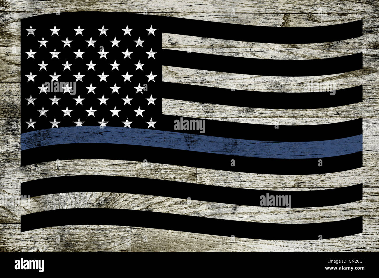 A waving police and law enforcement support flag over a dirty stained ...