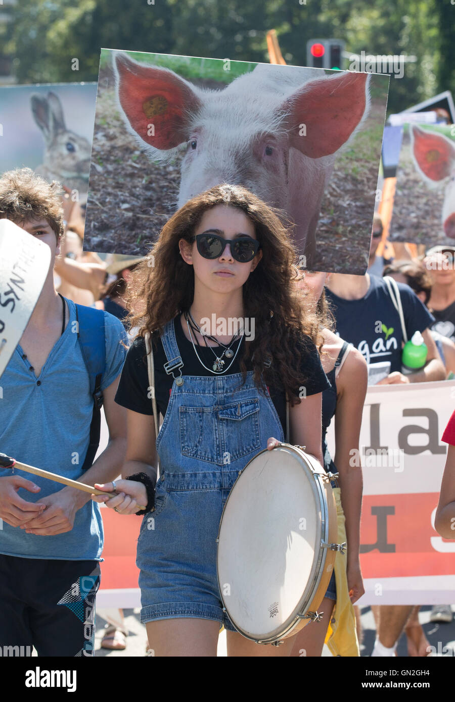 Geneva, Switzerland. 27th Aug, 2016. Animal rights activists take part ...