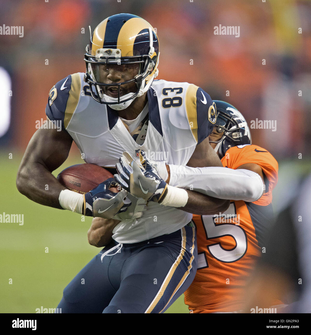Denver, Colorado, USA. 27th Aug, 2016. RAMS WR BRIAN QUICK, left, gets ...