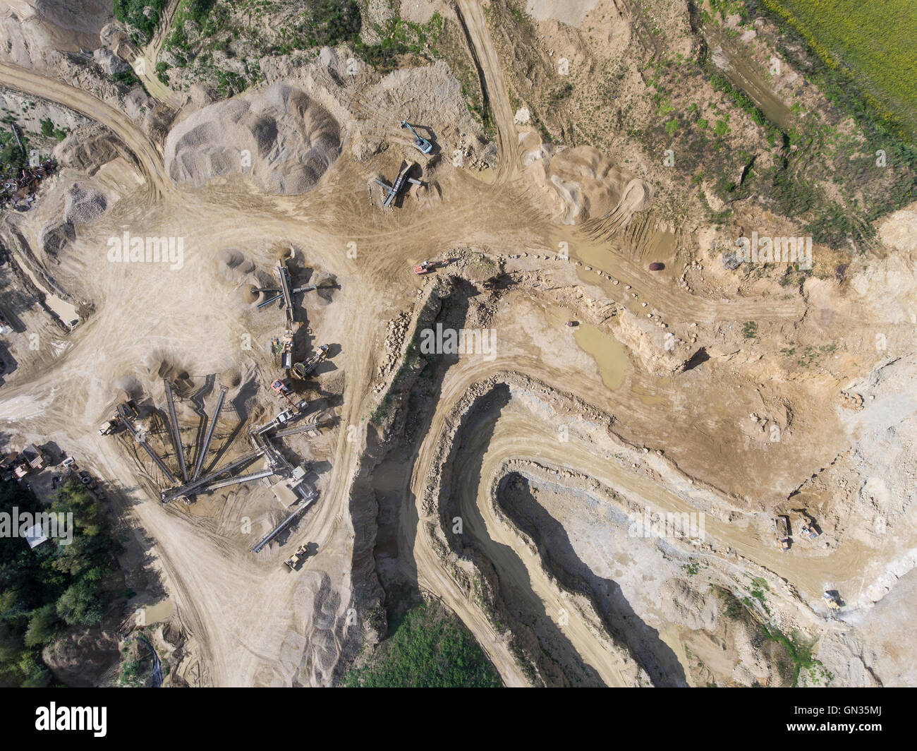 Mining quarry with special equipment, open pit excavation. Sand mine ...
