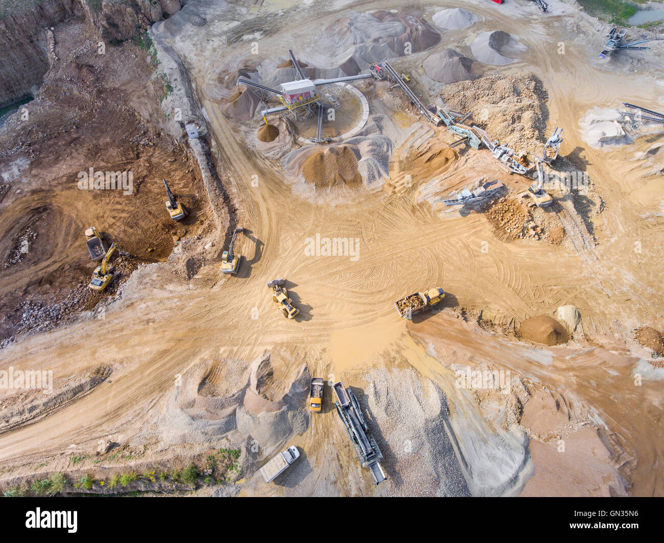 Mining quarry with special equipment, open pit excavation. Sand mine ...