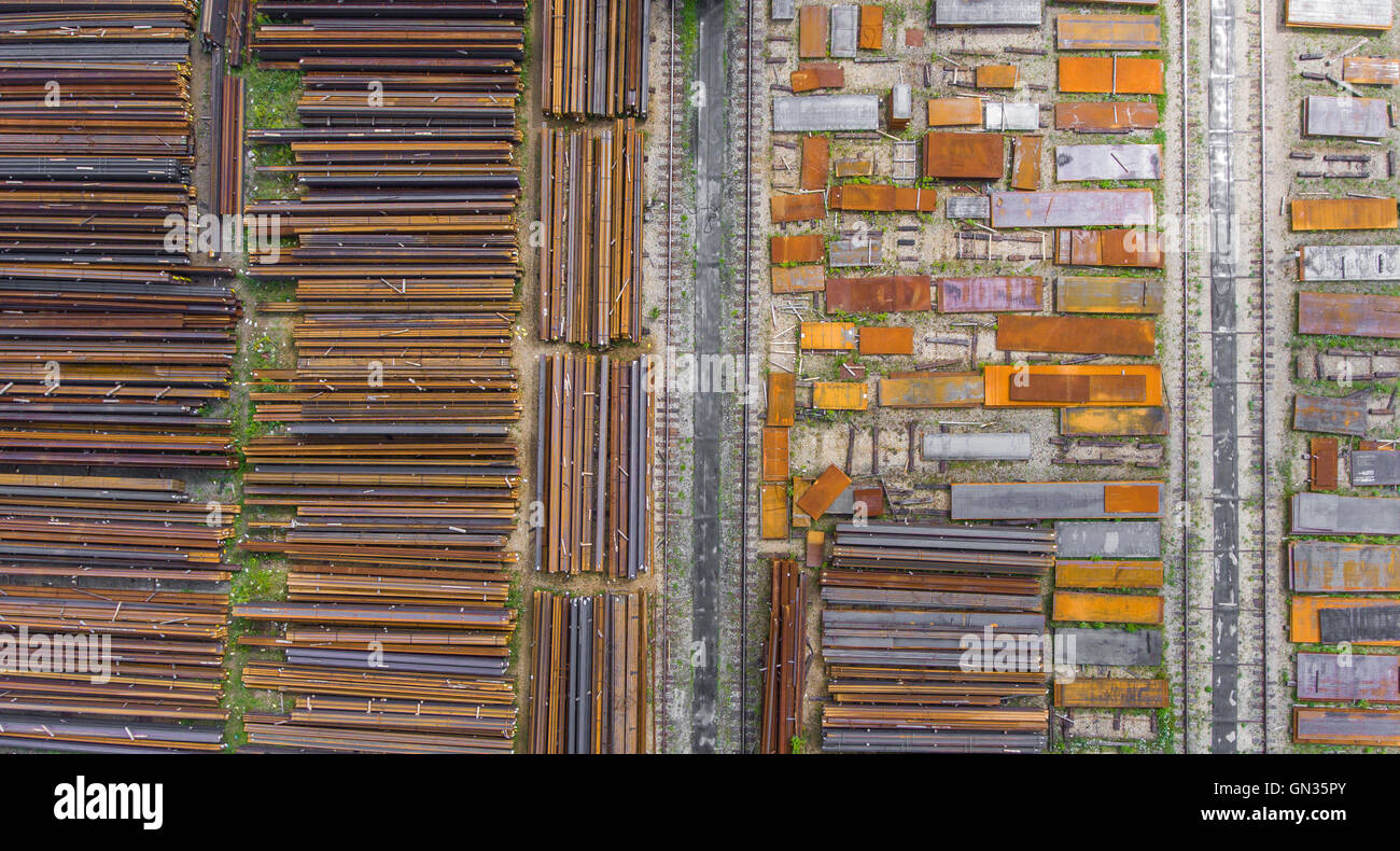 Industrial storage place, view from above. Steel elements Stock Photo ...