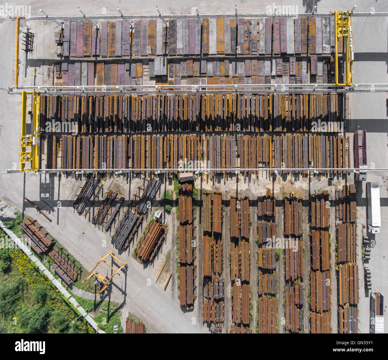 Industrial storage place, view from above. Steel elements Stock Photo ...