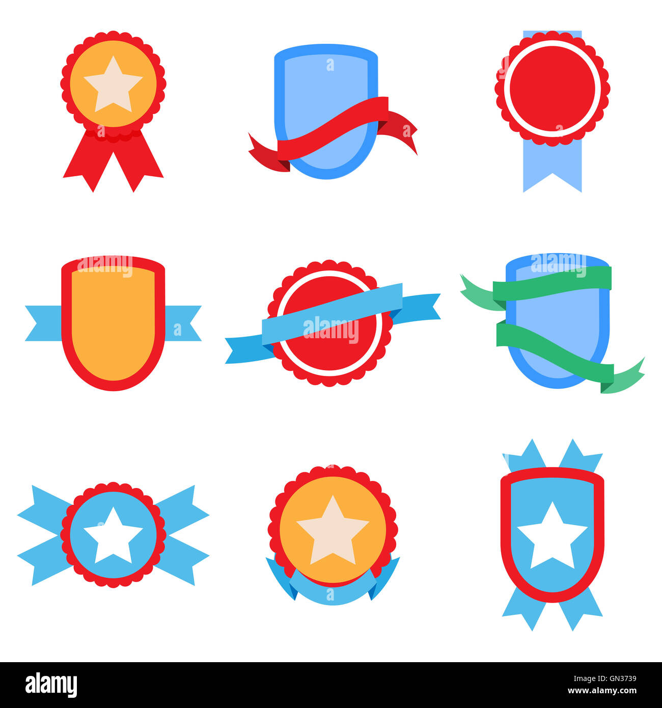 Flat badge set. Label banner, shield with ribbon, sticker and badge ...