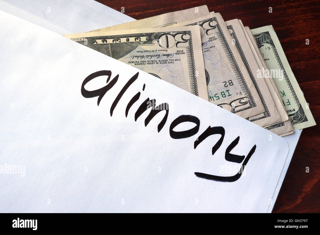 Alimony written on an envelope with dollars Stock Photo - Alamy