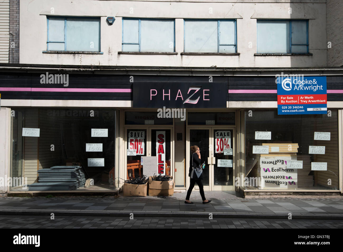General view of Pontypridd High Street, in Pontypridd, South Wales, UK ...