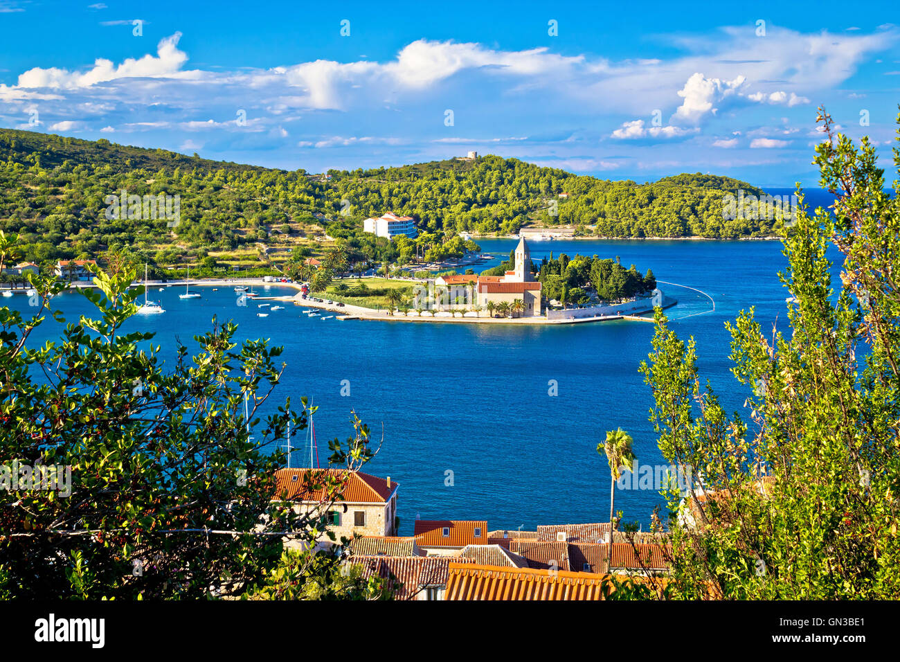 Bay of Vis church and waterfront view, tourist destination of Croatia ...