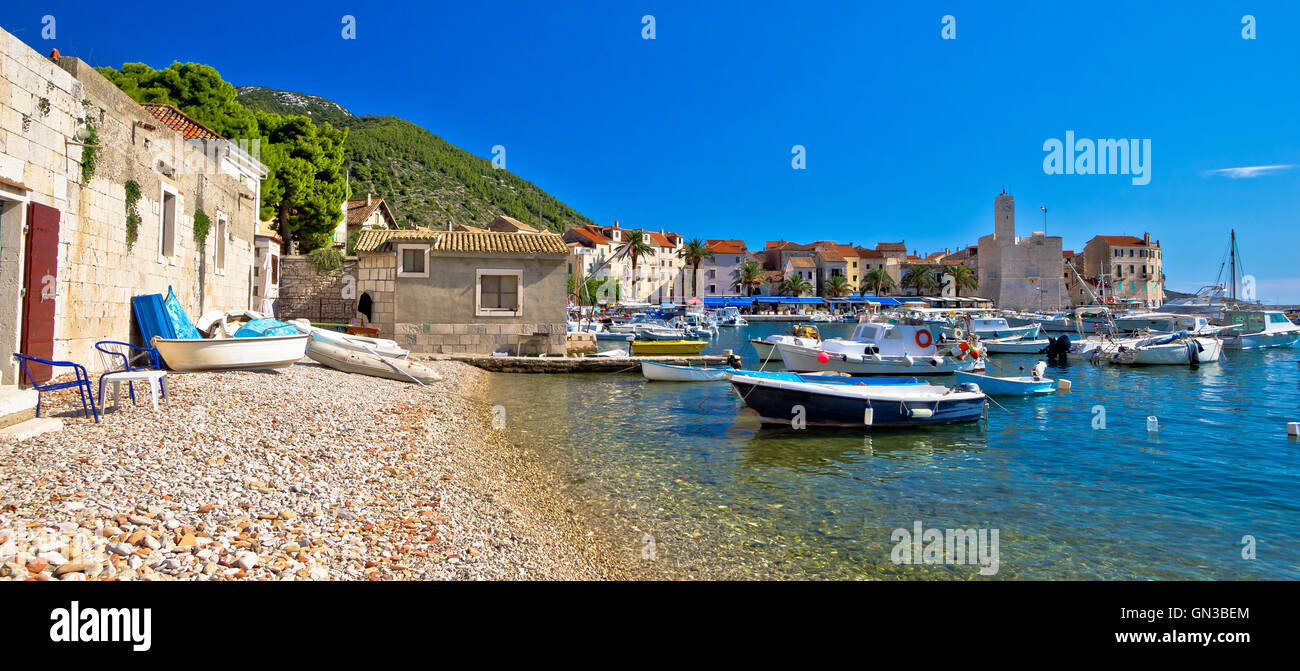 Komiza on Vis island beach and town panoramic view, Dalmatia, Croatia ...