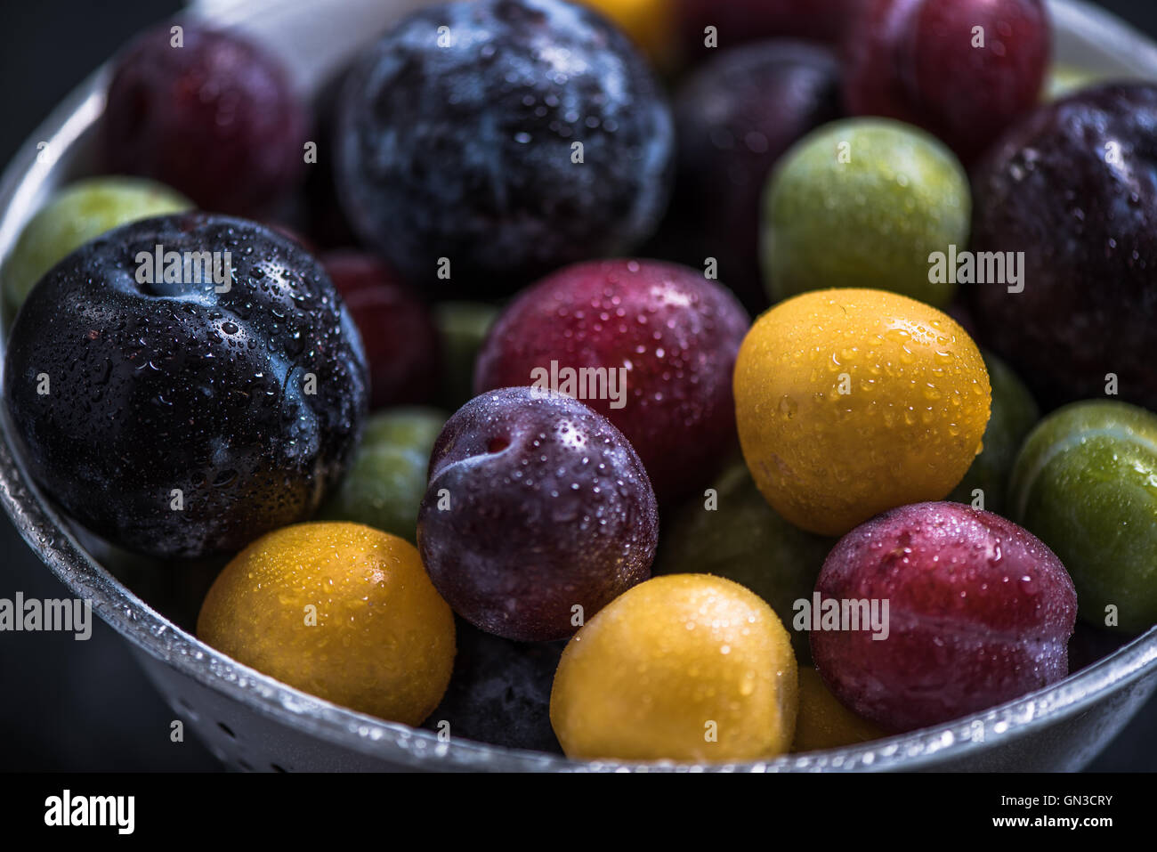close view on wet ripe plums in colander, many varieites Stock Photo ...