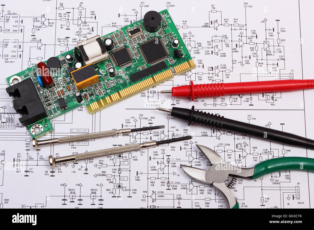 Printed circuit board with electrical components, precision tools and ...