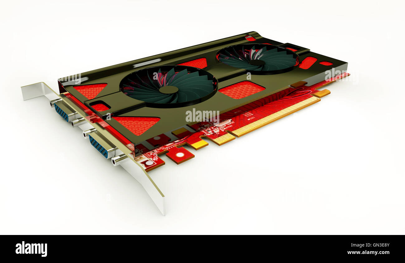 3d Illustrator of video card with two outputs on a white background ...