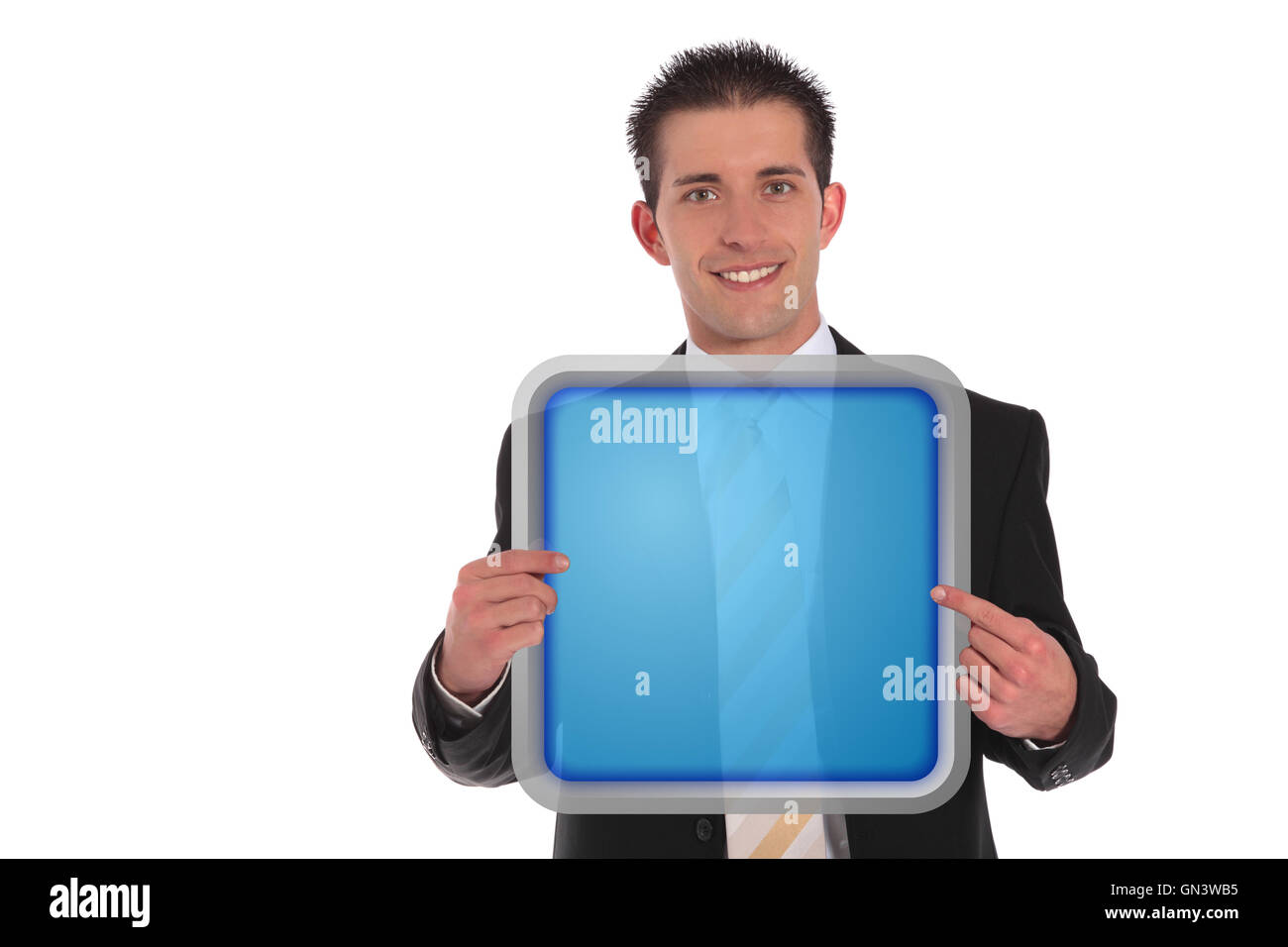 Businessman pointing at sign Stock Photo - Alamy