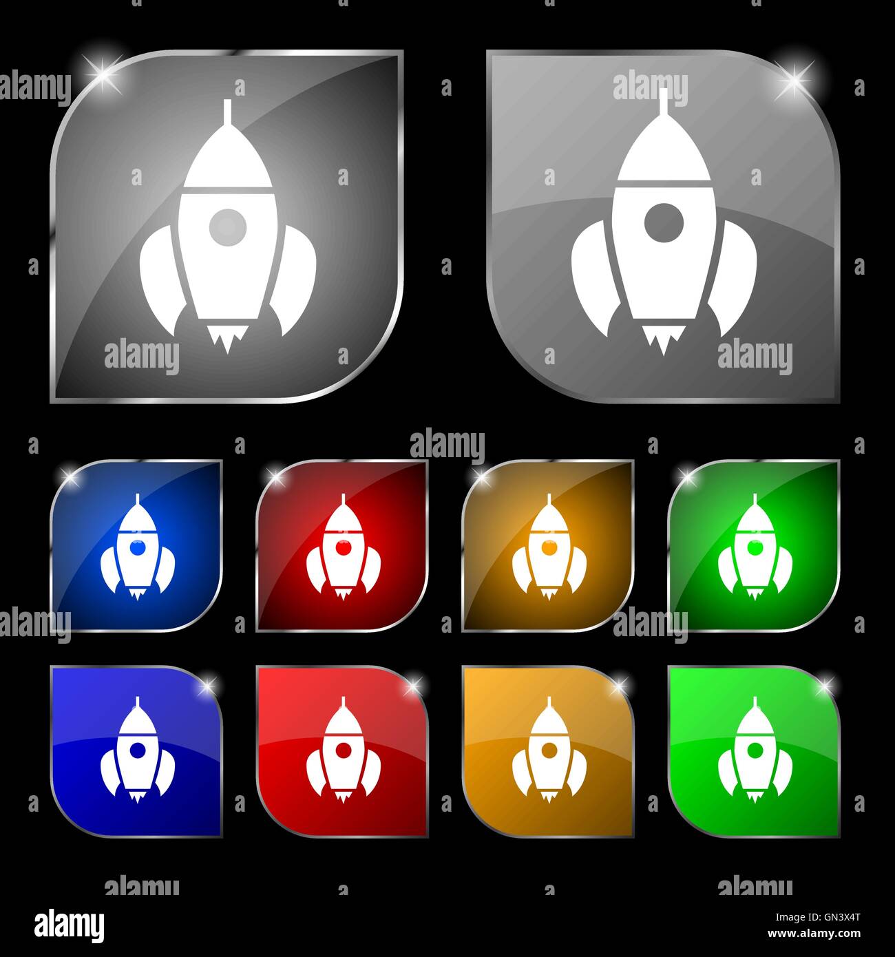 Rocket icon sign. Set of ten colorful buttons with glare. Vector Stock ...