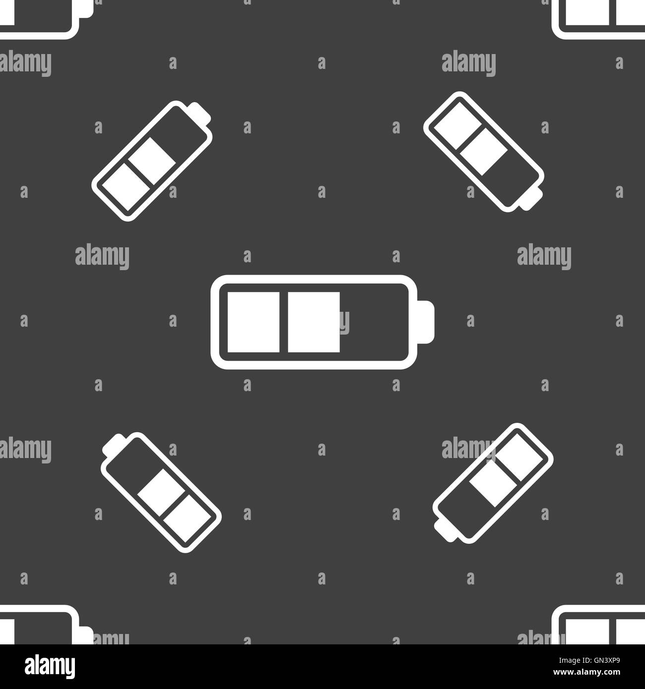 Battery half icon sign. Seamless pattern on a gray background. Vector ...