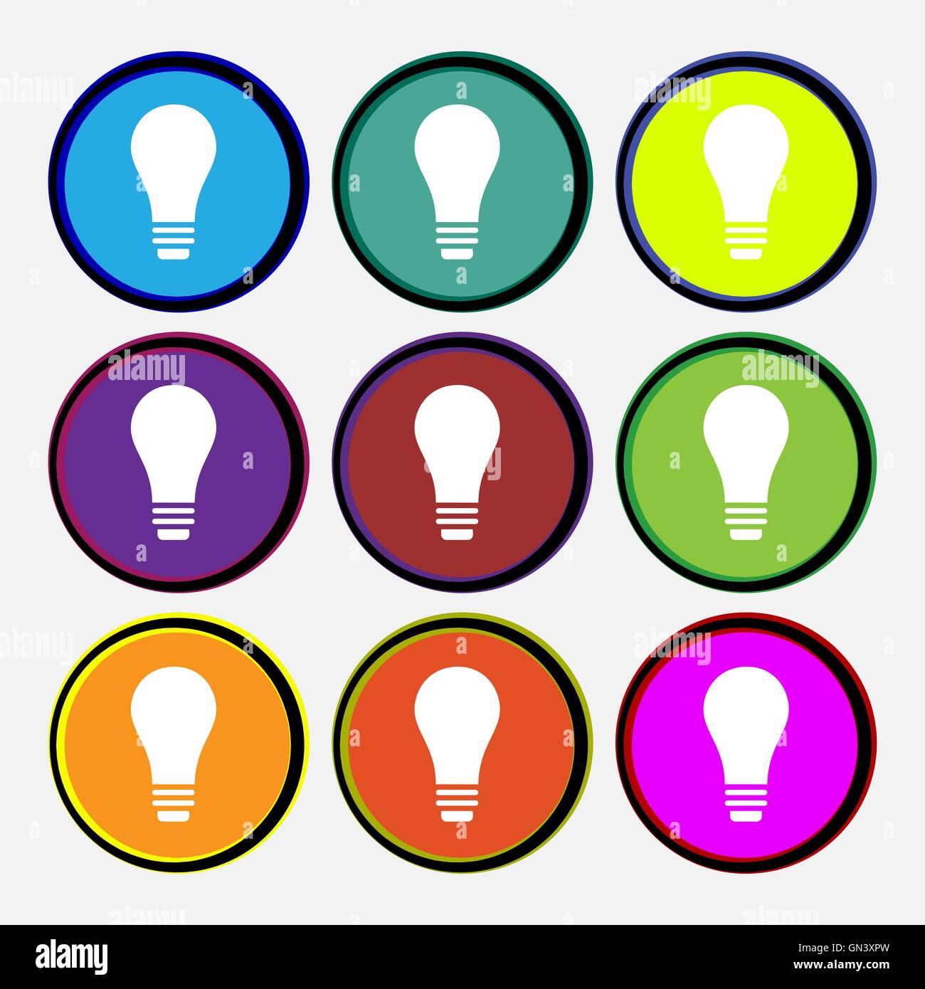 Light bulb icon sign. Nine multi colored round buttons. Vector Stock ...