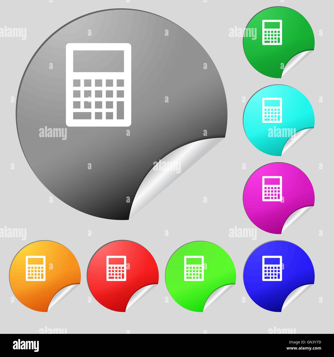 Calculator icon sign. Set of eight multi colored round buttons ...