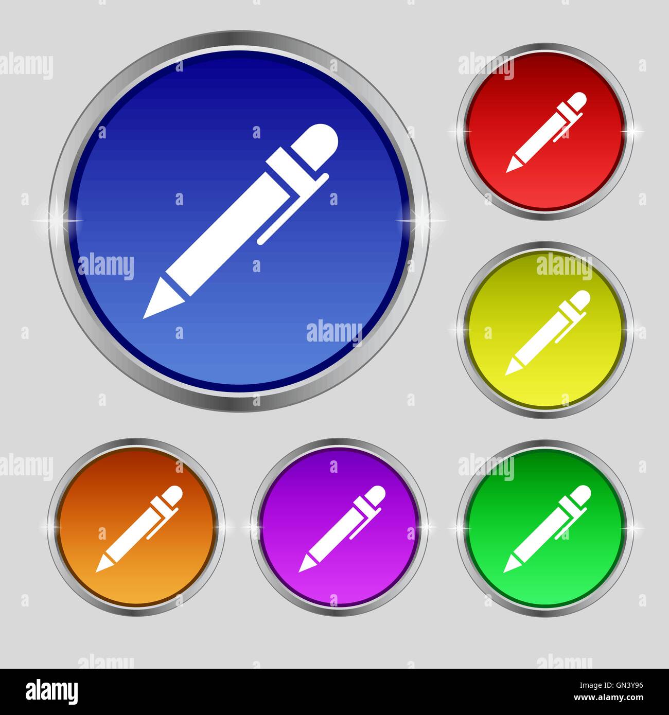 pen icon sign. Round symbol on bright colourful buttons. Vector Stock ...