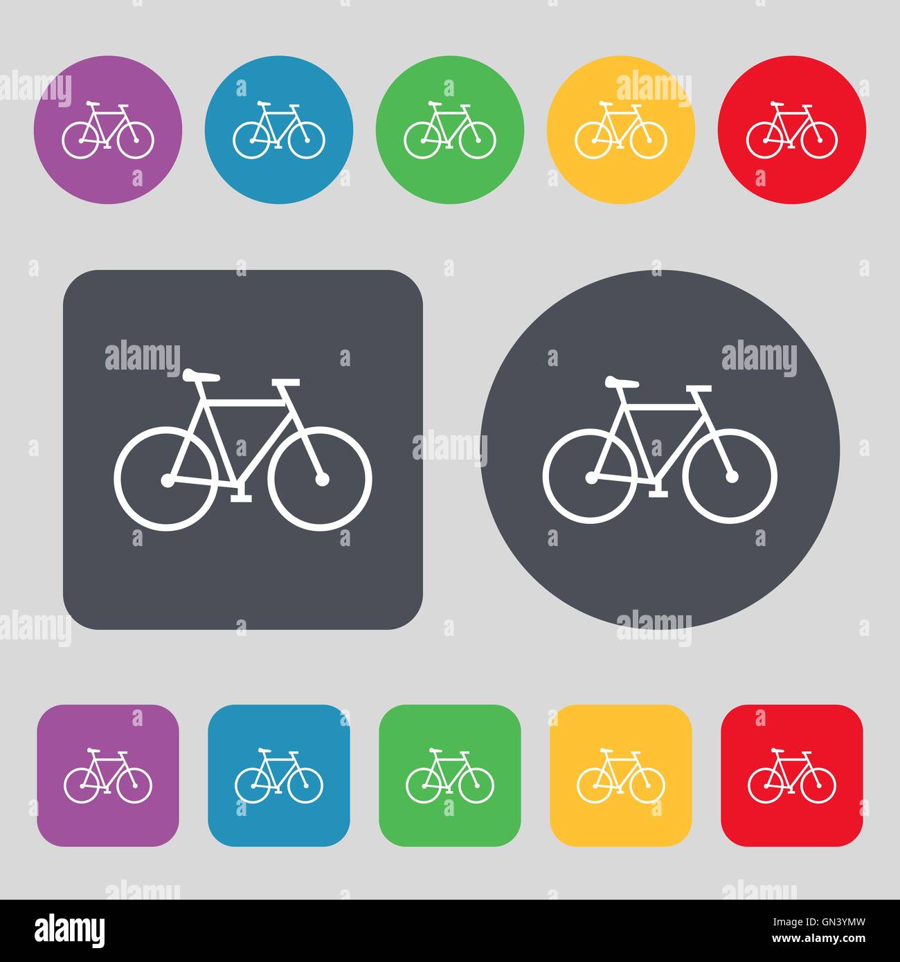 bicycle icon sign. A set of 12 colored buttons. Flat design. Vector ...