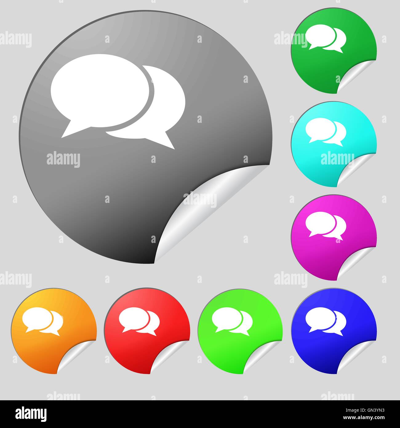 Speech bubbles icon sign. Set of eight multi colored round buttons ...