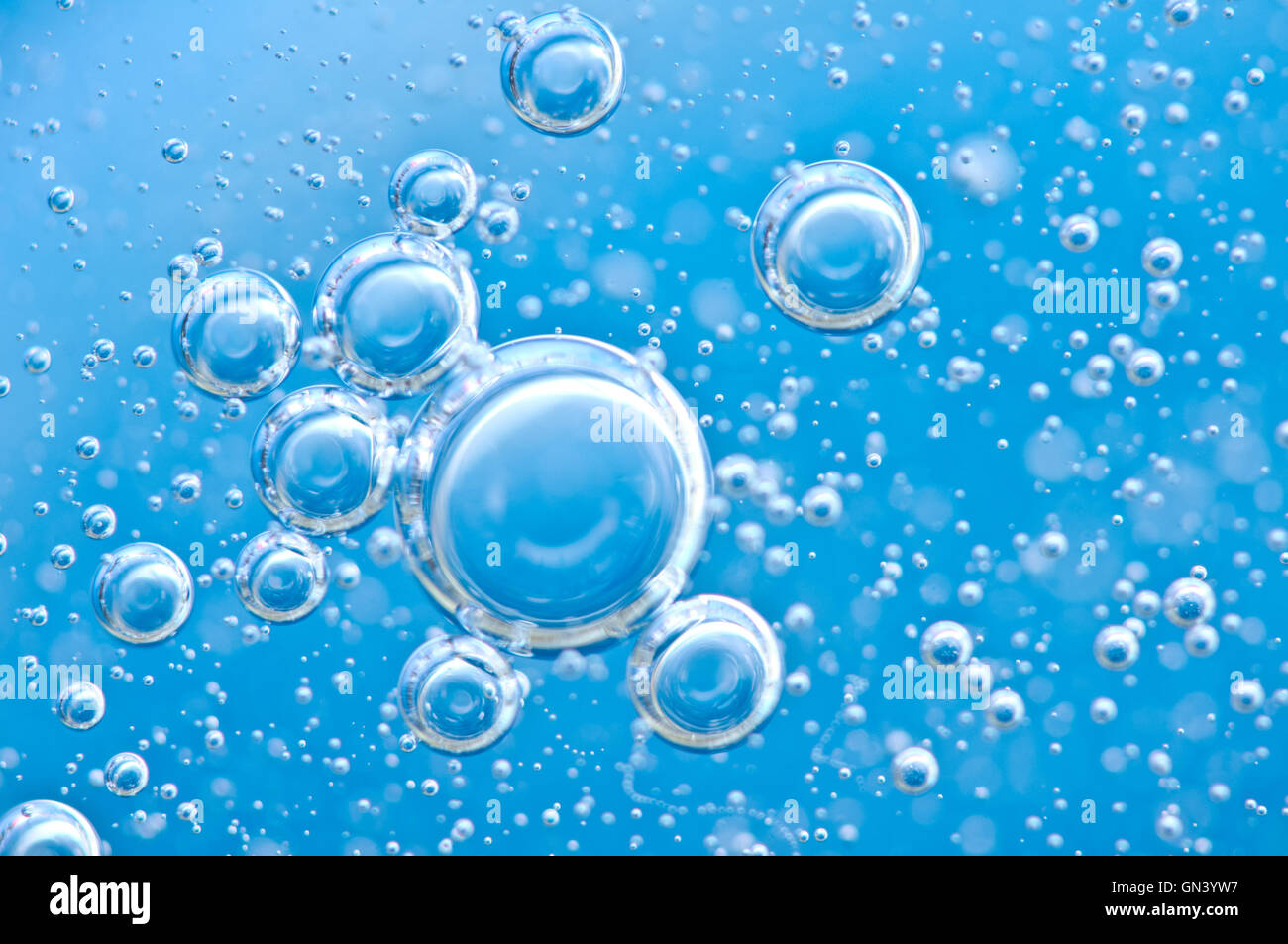 Macro Oxygen bubbles in blue clear water, concept such as ecology ...