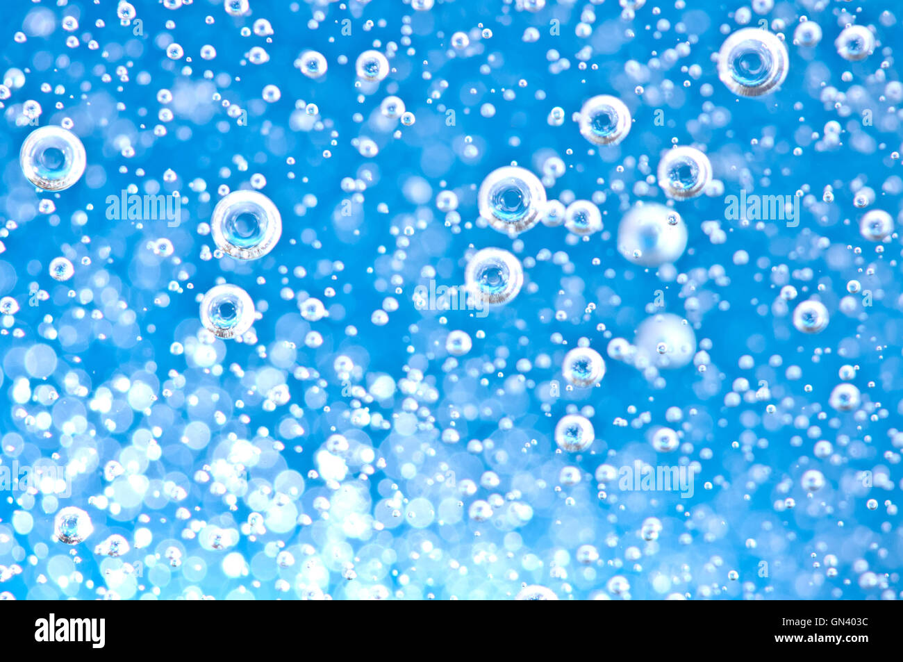 Macro Oxygen bubbles in blue clear water, concept such as ecology ...