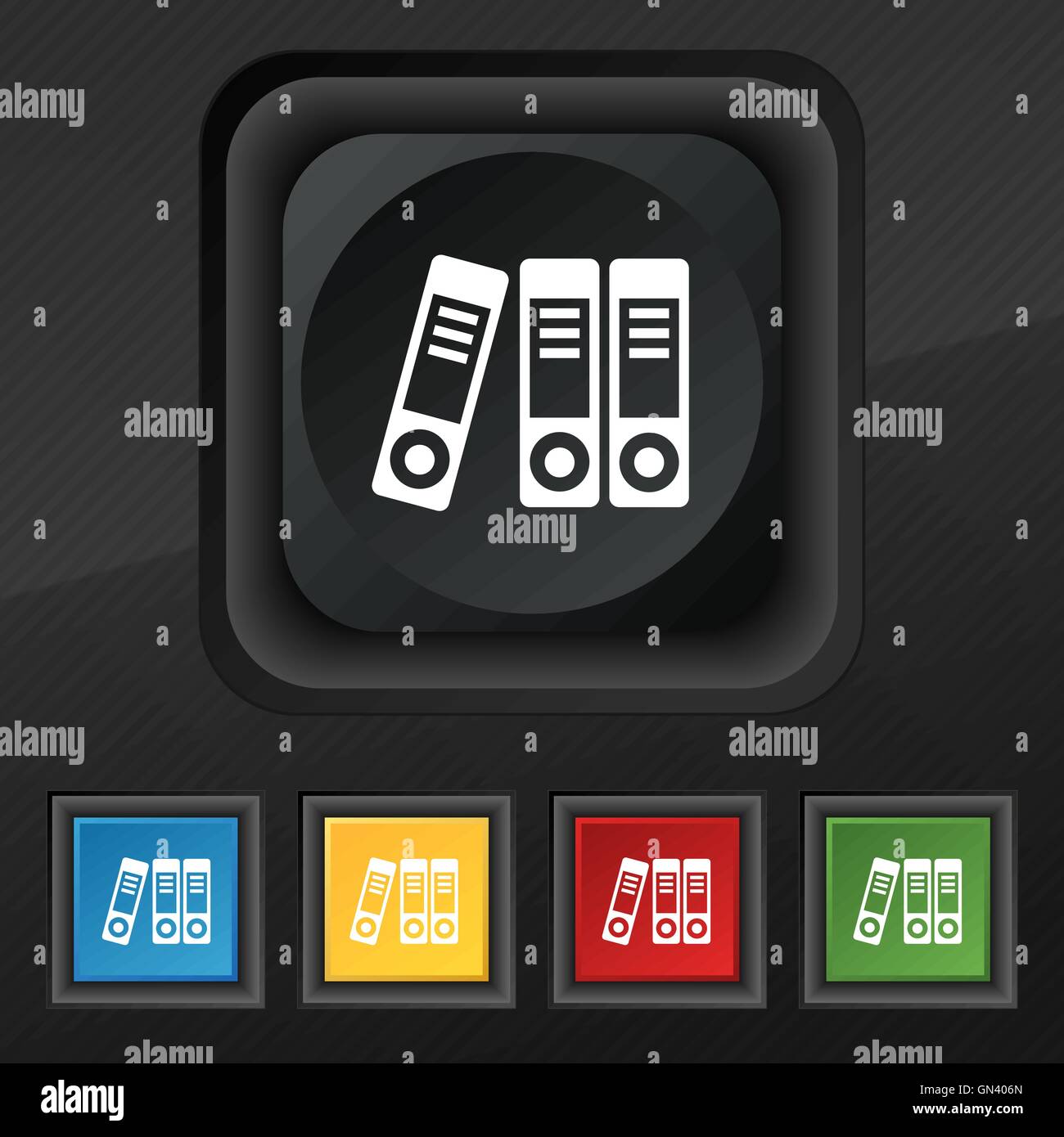 binders icon symbol. Set of five colorful, stylish buttons on black ...
