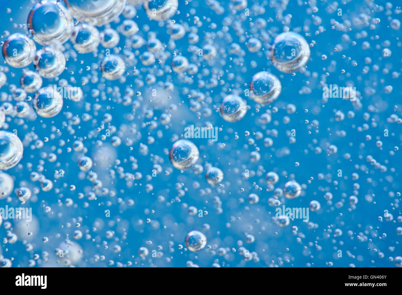 Macro Oxygen bubbles in blue clear water, concept such as ecology ...