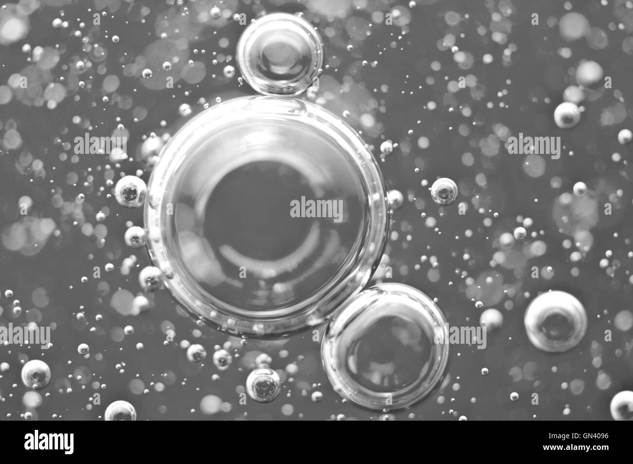 Black-and-white Macro Oxygen bubbles in water, concept such as ecology ...