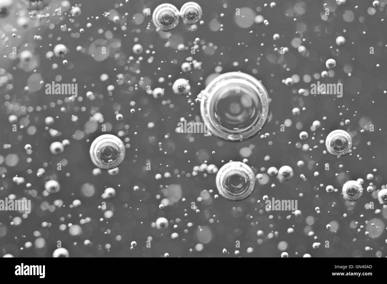 Black-and-white Macro Oxygen bubbles in water, concept such as ecology ...