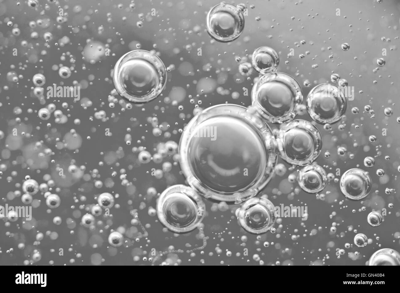 Black-and-white Macro Oxygen bubbles in water, concept such as ecology ...