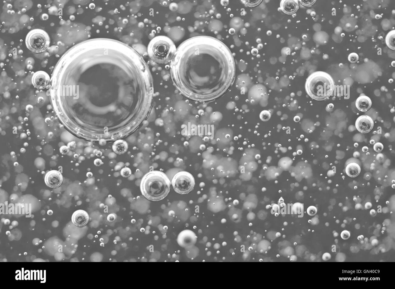 Black-and-white Macro Oxygen bubbles in water, concept such as ecology ...