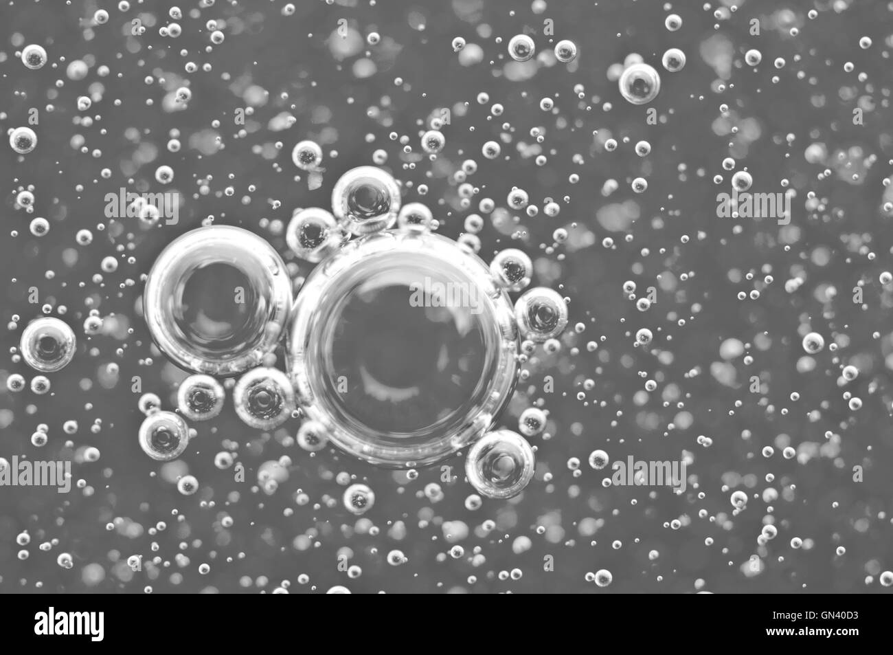 Black-and-white Macro Oxygen bubbles in water, concept such as ecology ...