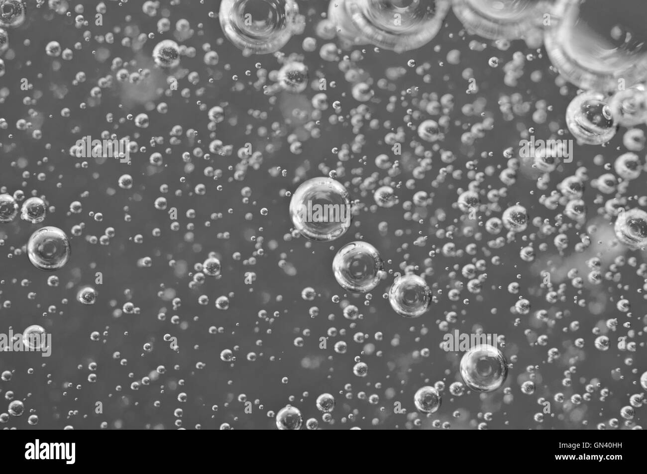 Black-and-white Macro Oxygen bubbles in water, concept such as ecology ...