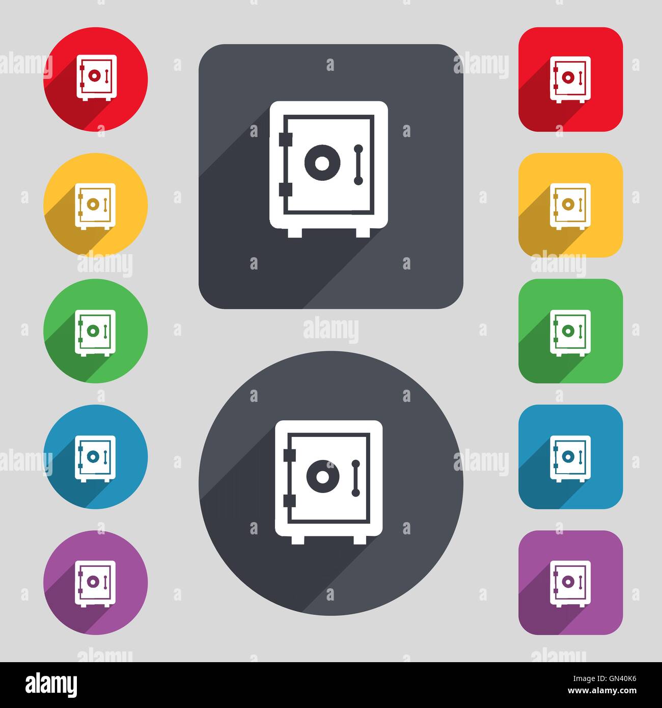 safe icon sign. A set of 12 colored buttons and a long shadow. Flat ...