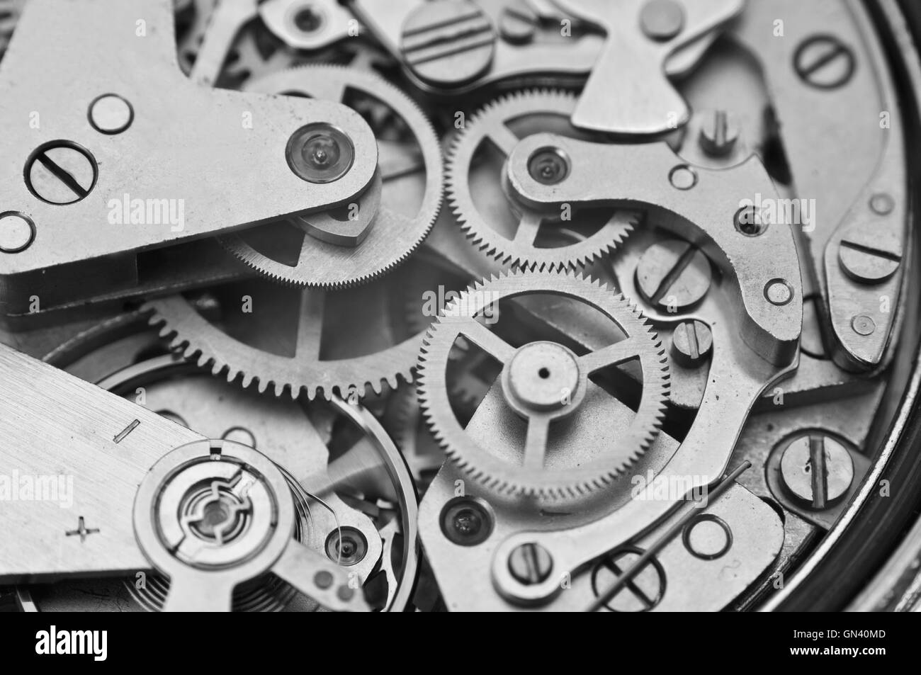 Black and white macro photo close-up view of metal clockwork. Concept ...
