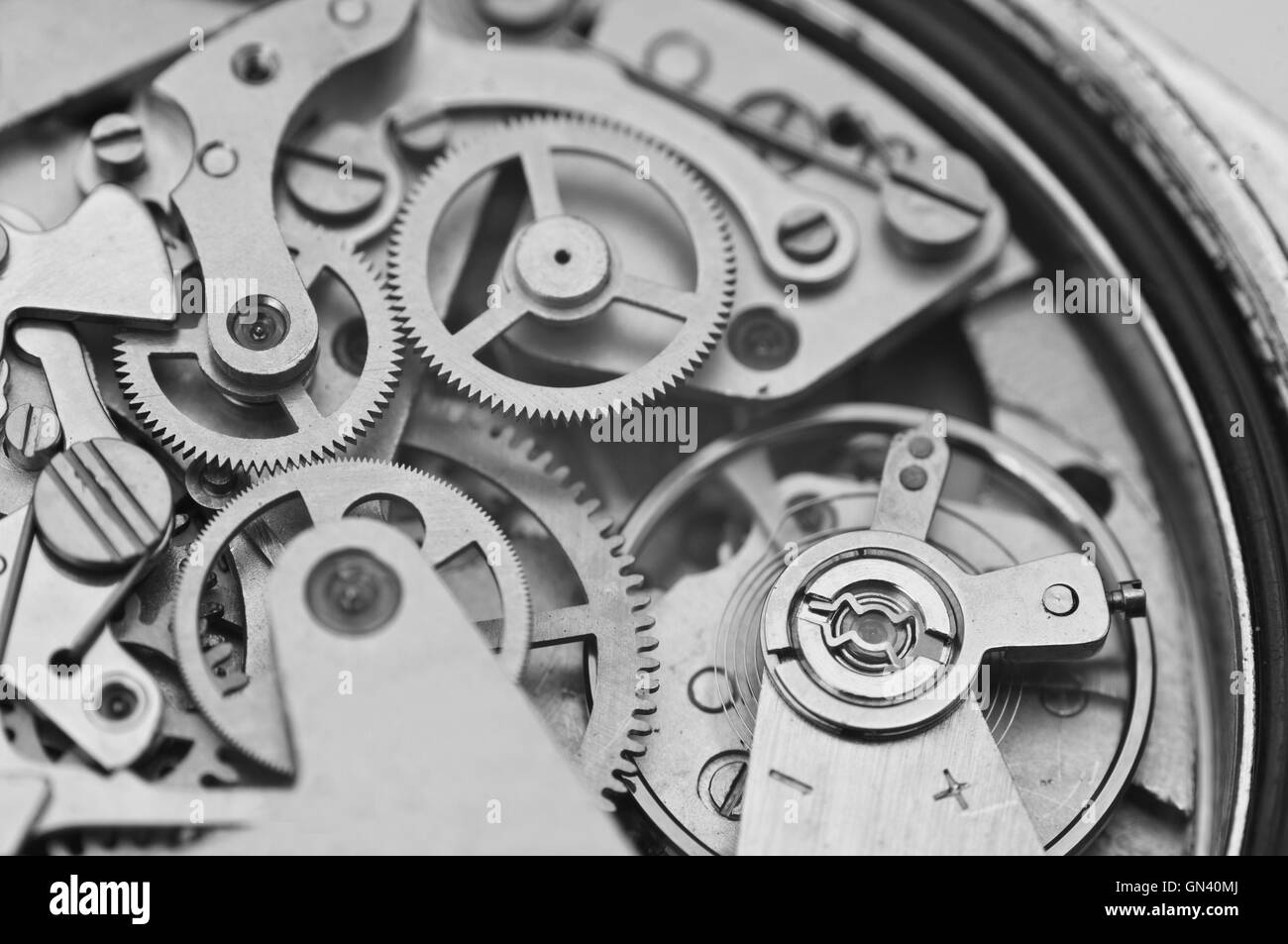 Black and white macro photo close-up view of metal clockwork. Concept ...