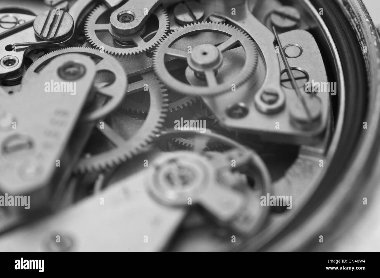 Black and white macro photo close-up view of metal clockwork. Concept ...